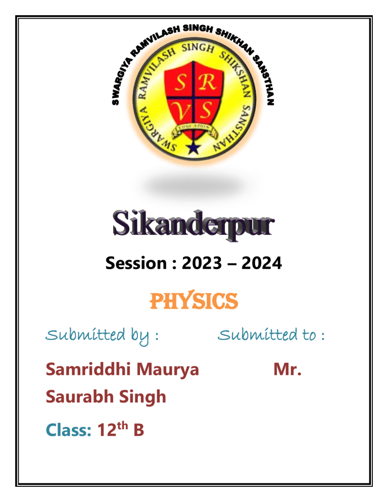 Physics Project Cover Page | Class 12th B | 2023-2024 Session