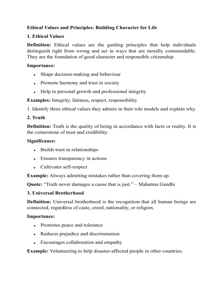 Ethical Values & Principles: Building Character for Life
