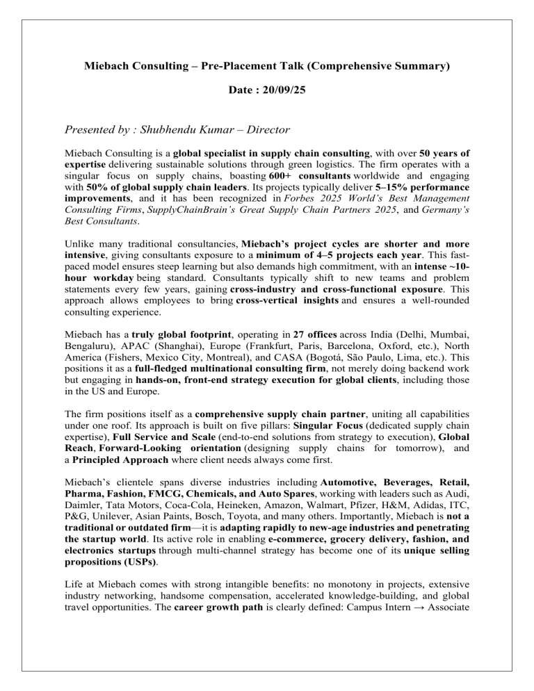 Miebach Consulting Pre-Placement Talk Summary | Supply Chain Careers