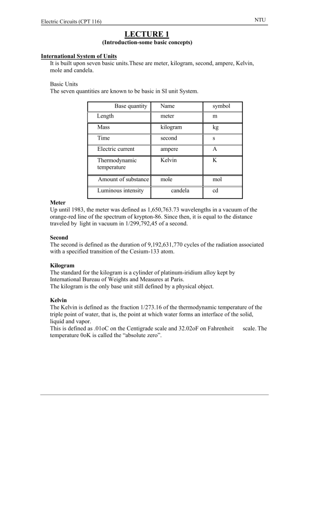 Electric Circuits (CPT 116) Lecture 1: Basic Concepts & SI Units