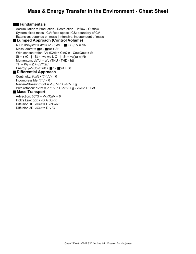 Mass & Energy Transfer in Environment Cheat Sheet - CIVE 330