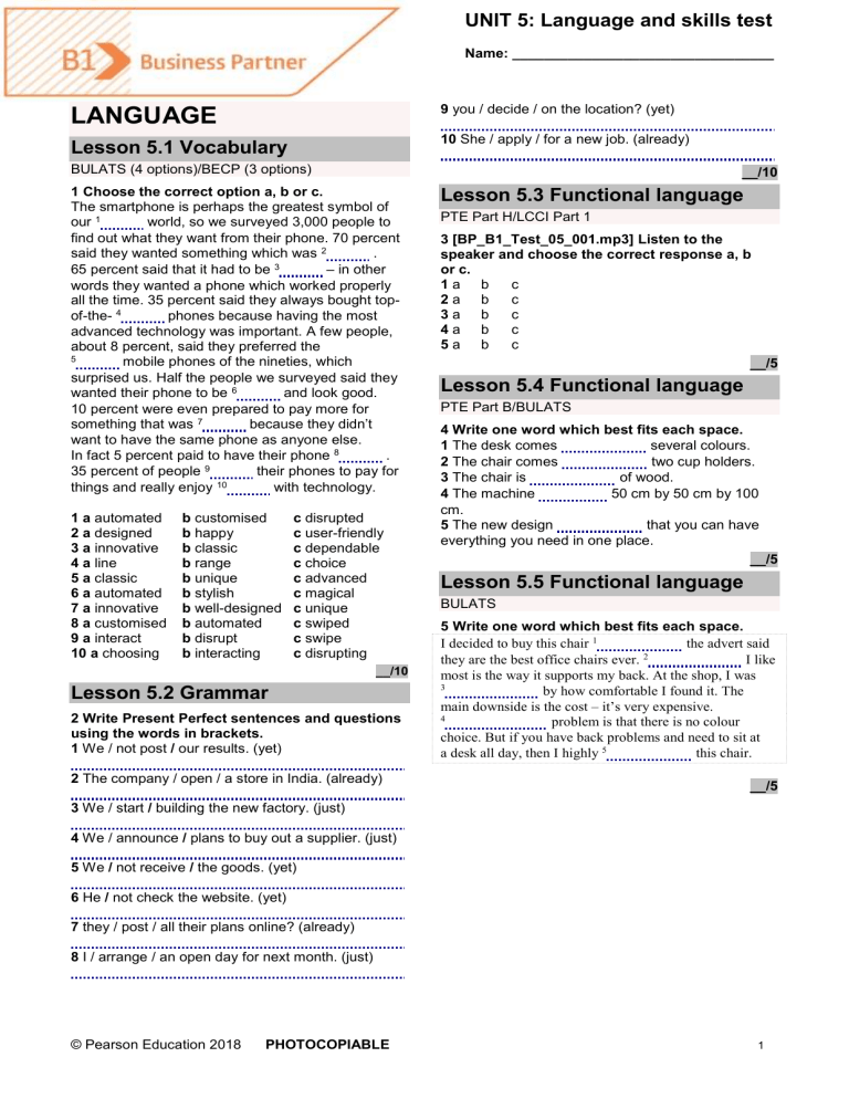 UNIT 5: Language and Skills Test - Vocabulary, Grammar, Reading, Writing