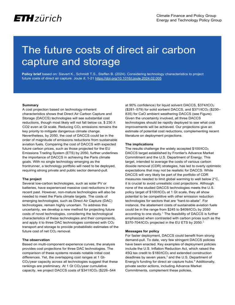 Future Costs of Direct Air Carbon Capture & Storage (DACCS) Policy Brief