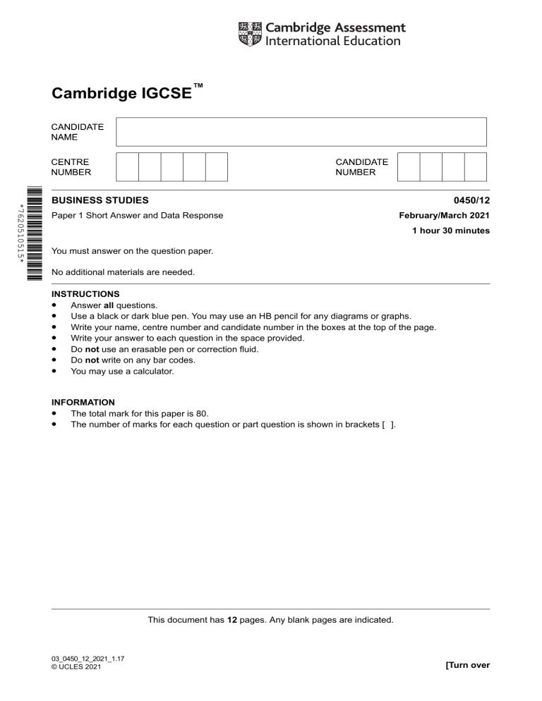 Cambridge IGCSE Business Studies Paper 1 (0450/12) Feb/Mar 2021