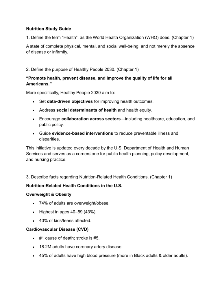 Nutrition Study Guide: Health, Disease Prevention & Dietary Guidelines