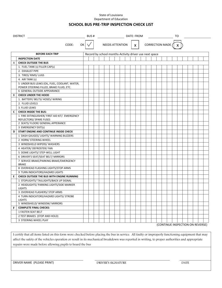 School Bus Pre-Trip Inspection Checklist