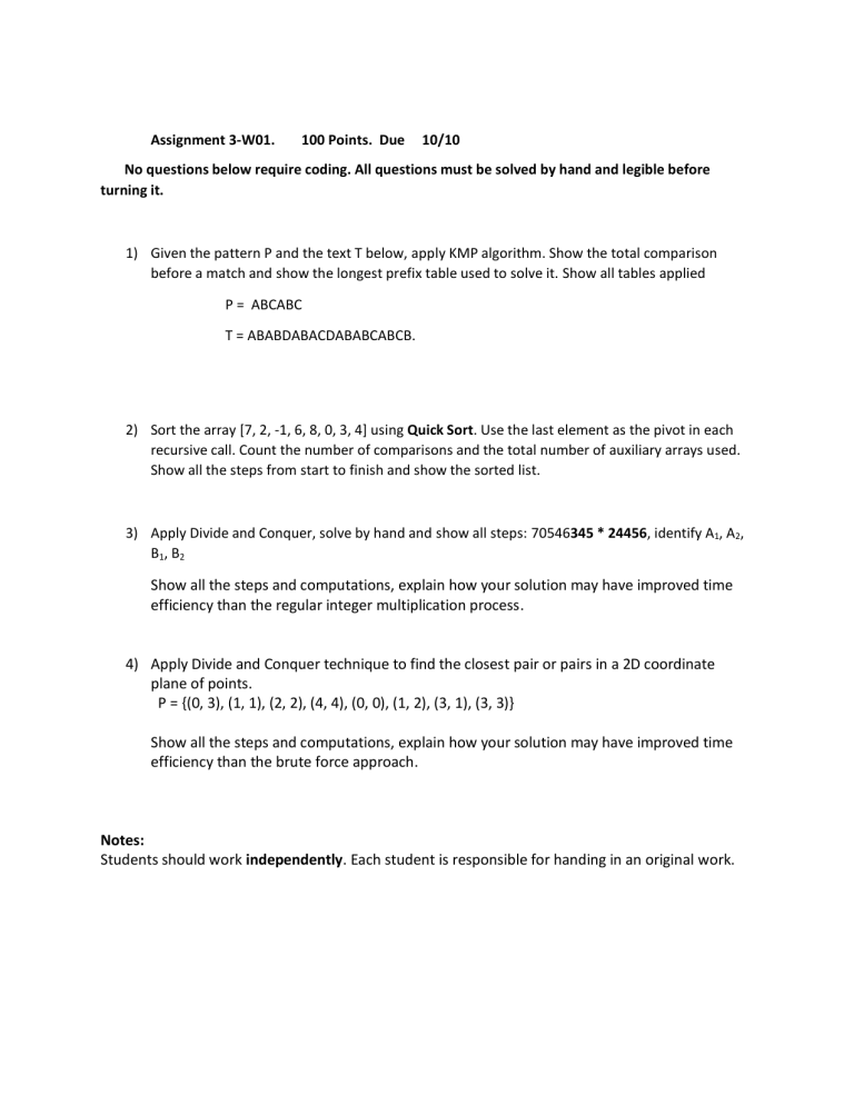 Algorithms Assignment: KMP, Quick Sort, Divide & Conquer Problems