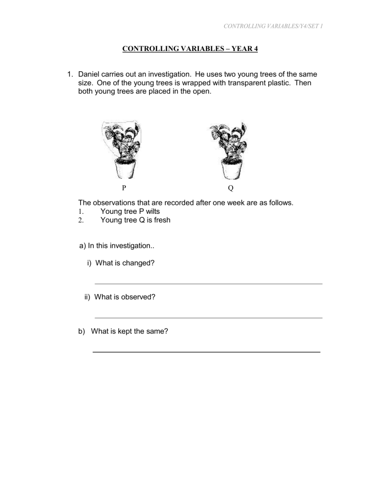 Controlling Variables Worksheet: Year 4 Science