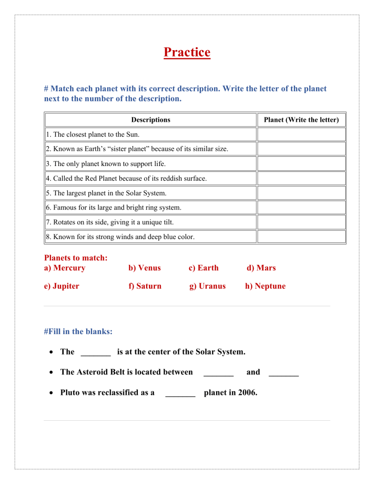 Solar System Worksheet: Planets & Astronomy