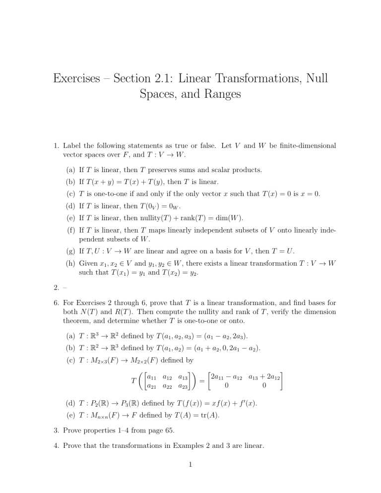Linear Transformations Exercises: Null Spaces & Ranges