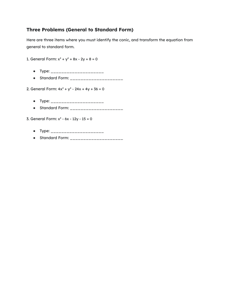 Conic Sections: General to Standard Form Worksheet