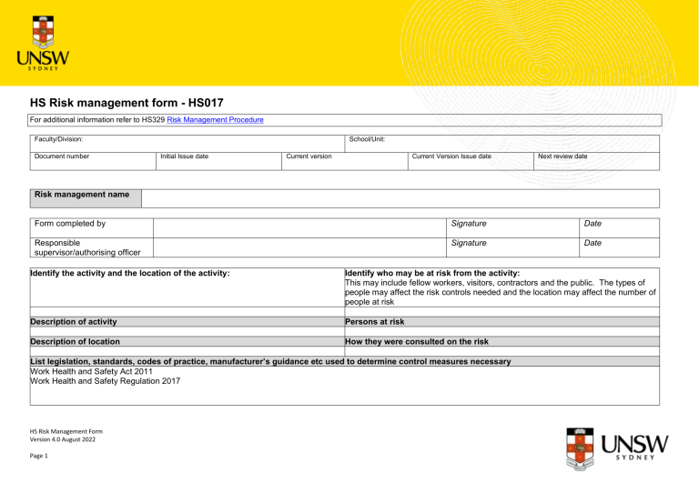 HS Risk Management Form - Hazard & Risk Assessment