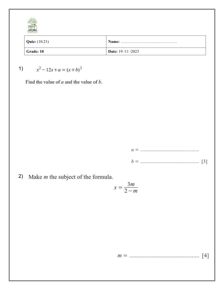 Grade 10 Math Quiz: Algebra, Quadratic Equations & Formulas