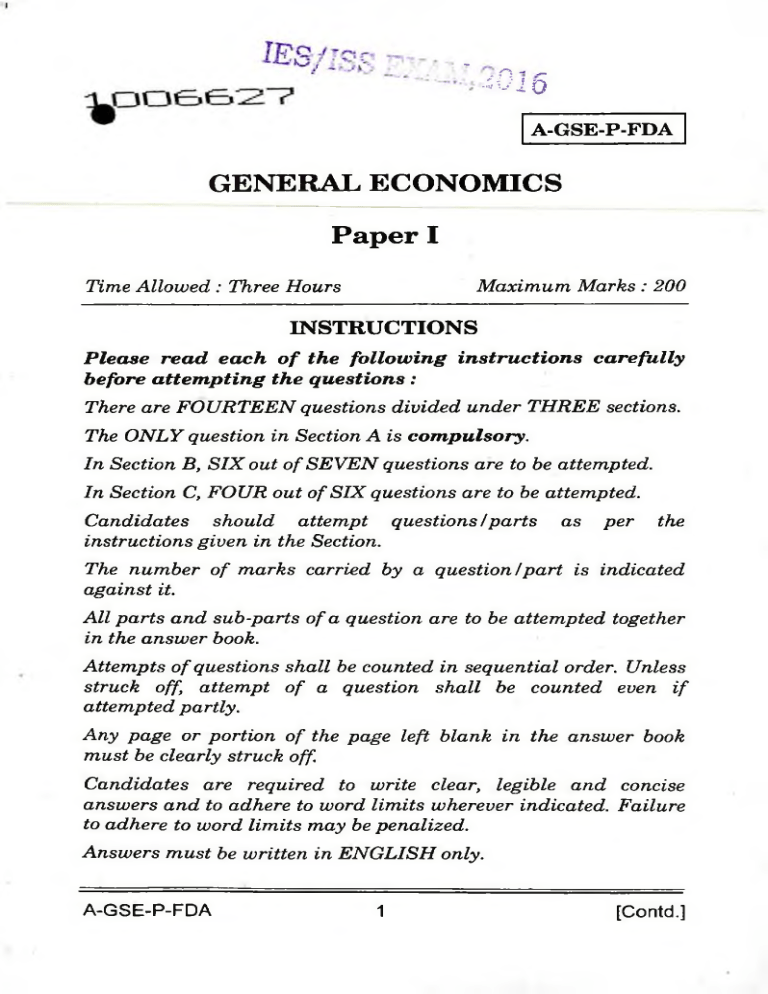 General Economics Exam Paper I - Questions & Instructions