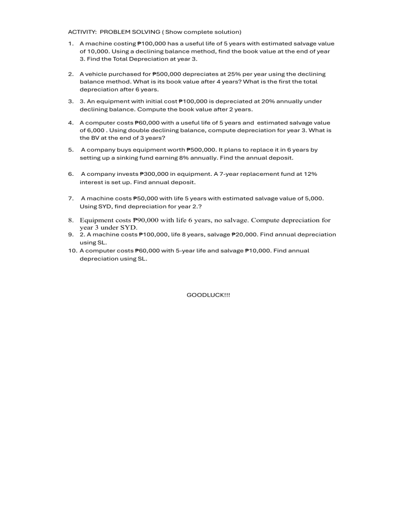 Depreciation & Sinking Fund Problem Solving Activity | Accounting