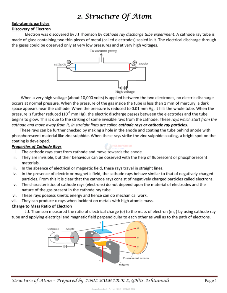 Structure of Atom: Discovery of Sub-atomic Particles & Models