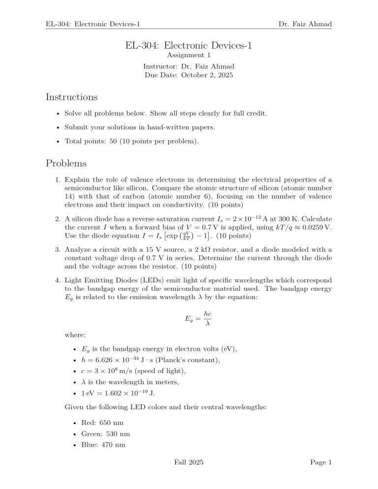 EL-304 Electronic Devices-1 Assignment 1: Diodes & Semiconductors