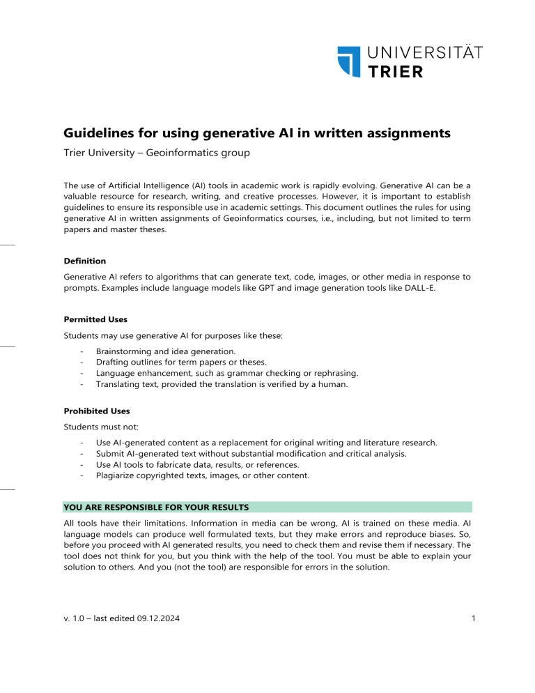 Trier University Geoinformatics: AI Guidelines for Academic Assignments