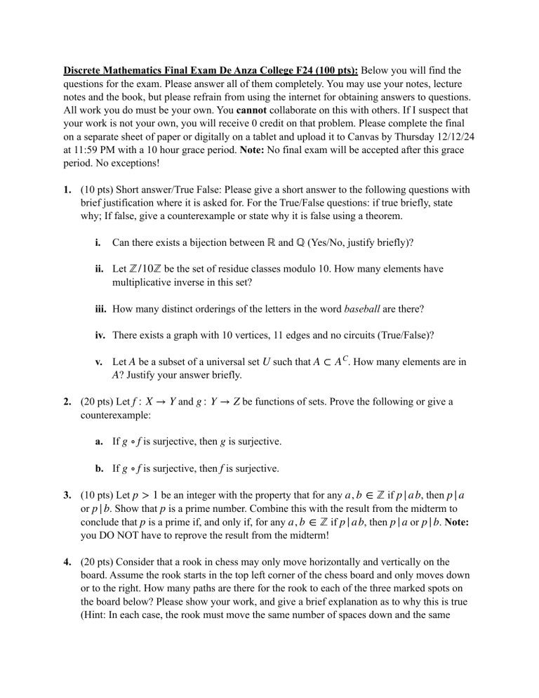 Discrete Mathematics Final Exam - De Anza College F24