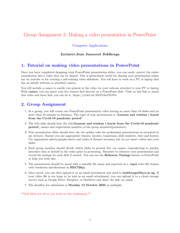 PowerPoint Video Presentation Assignment: Computer Applications