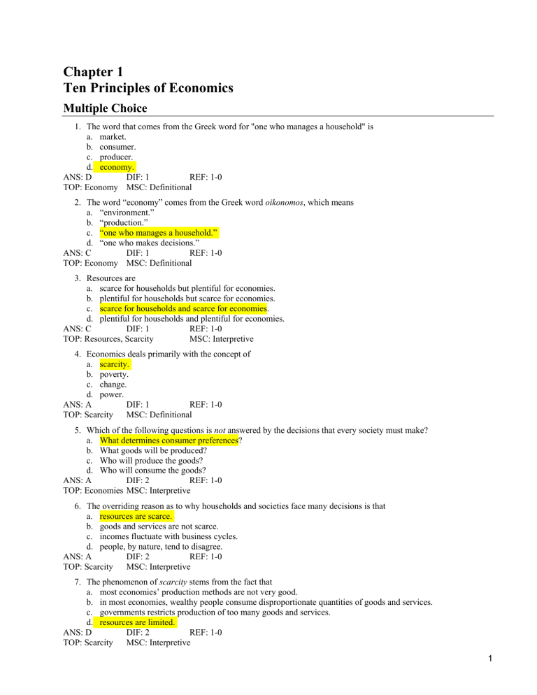 Economics Chapter 1: Ten Principles Multiple Choice Questions