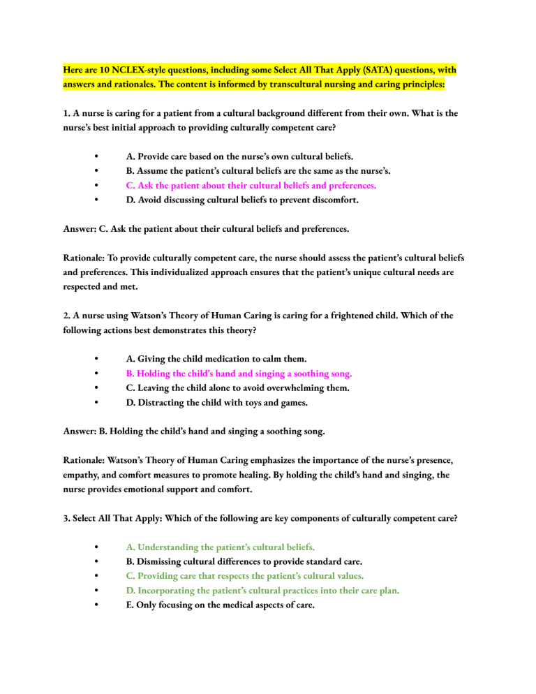 NCLEX Practice Questions: Transcultural Nursing & Caring Principles