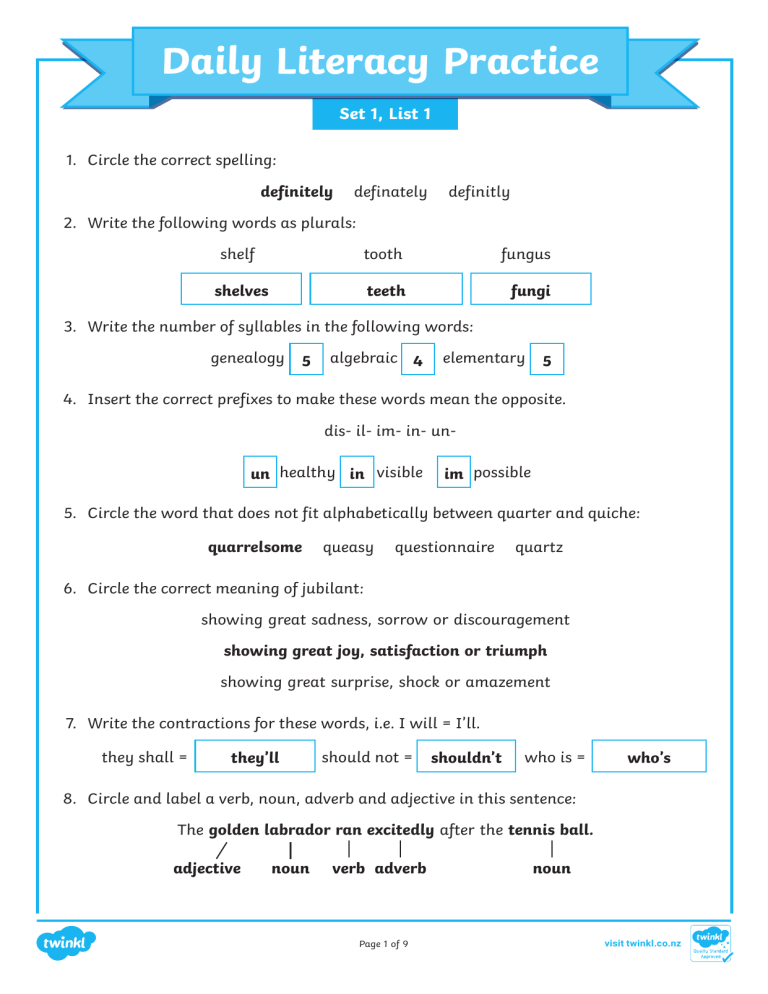 Daily Literacy Practice Worksheet - Set 1