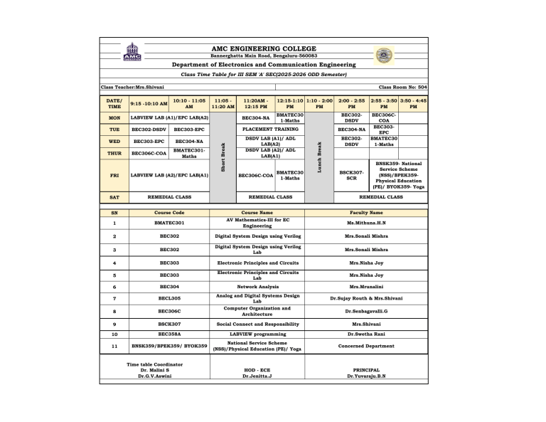 AMC Engineering College ECE Timetable - III SEM 'A'