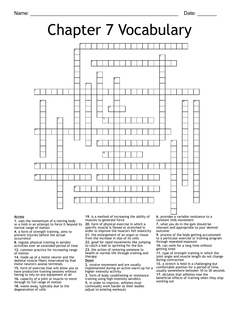 Chapter 7 Vocabulary Crossword: Fitness & Exercise Terms