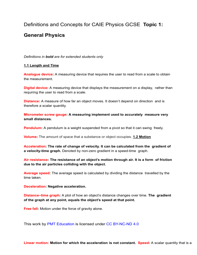 CAIE Physics GCSE: General Physics Definitions & Concepts