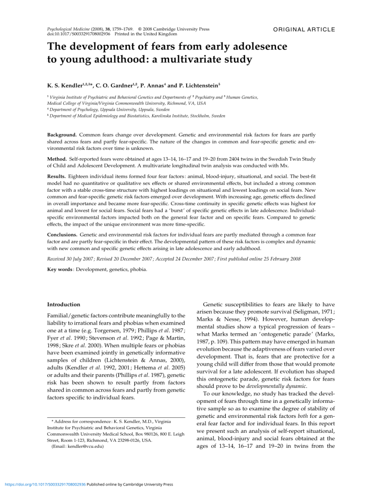 Fear Development: Genetic & Environmental Factors from Adolescence to ...