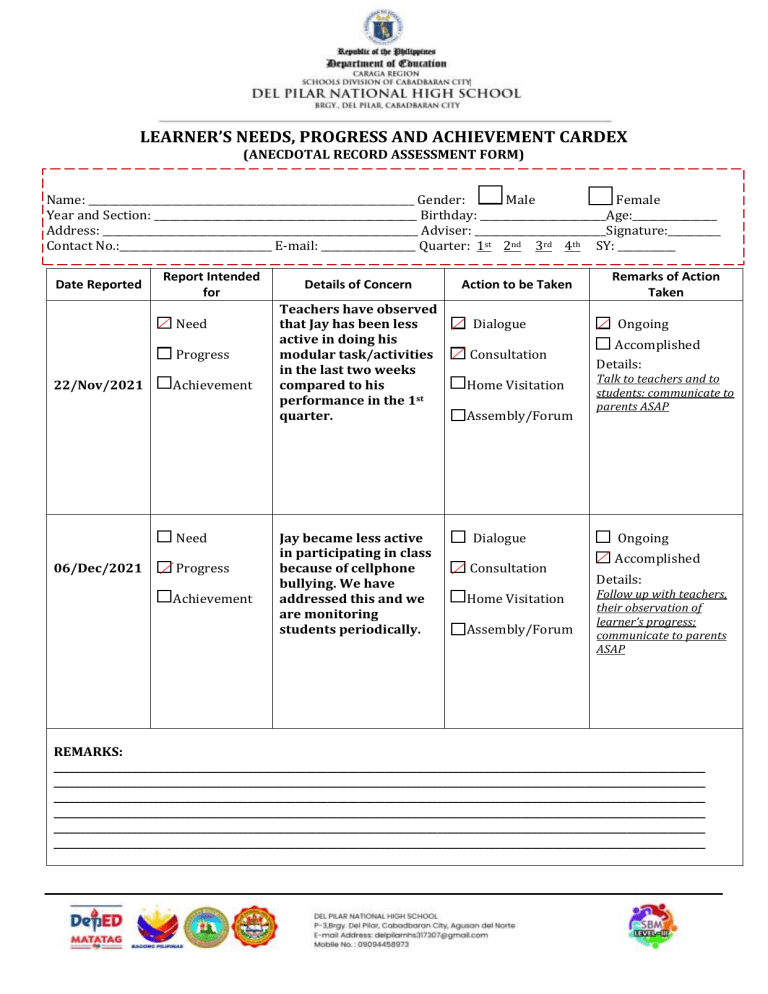 Learner's Needs, Progress & Achievement Cardex | School Forms