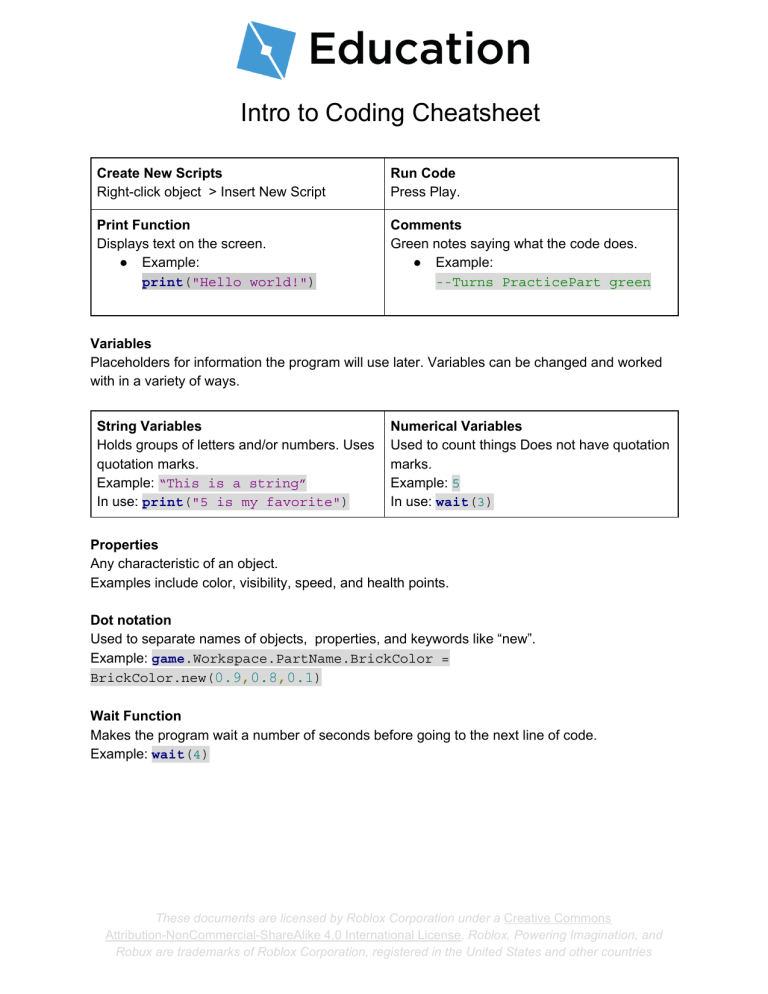 Roblox Coding Cheatsheet: Intro to Scripting Basics