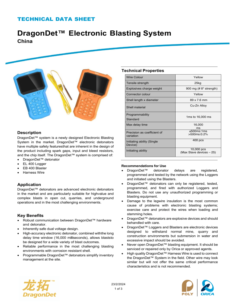 DragonDet™ Electronic Blasting System: Technical Data Sheet | Orica