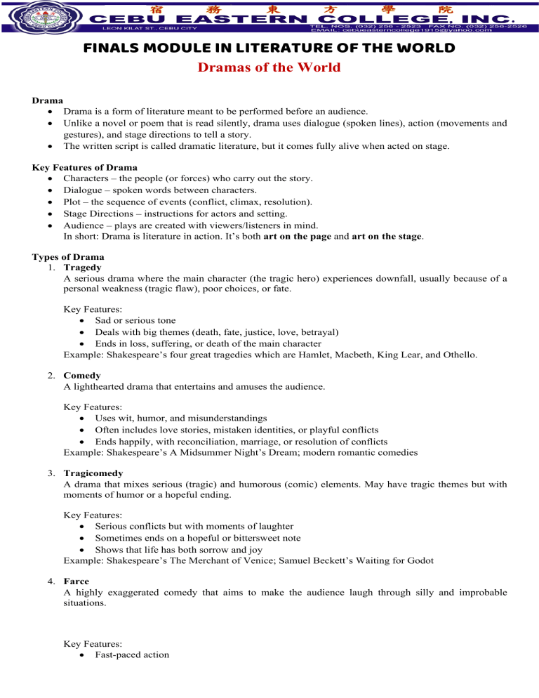 Dramas of the World: Types, Elements, and Play Analysis Module