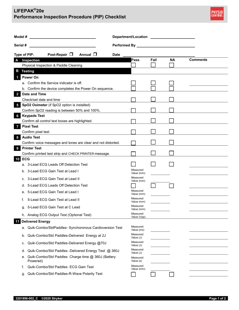 LIFEPAK 20e Performance Inspection Checklist
