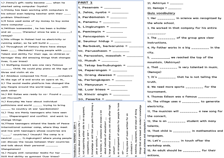 English-Indonesian Vocabulary Worksheet for Primary 6 Students