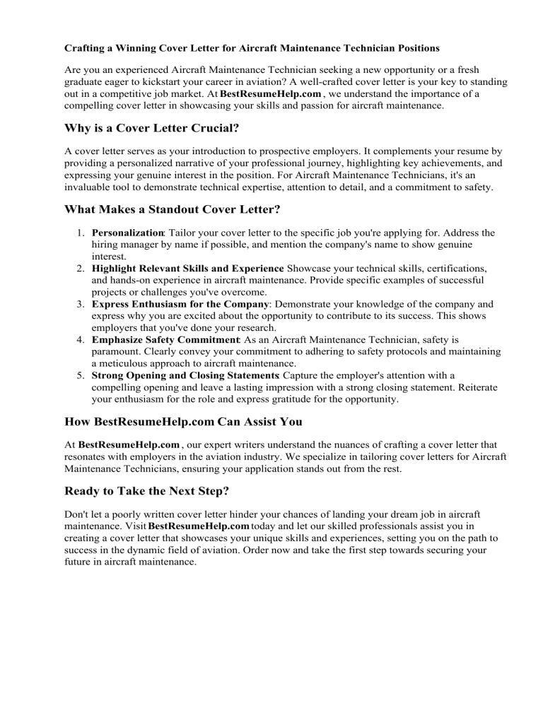 Aircraft Maintenance Technician Cover Letter Guide