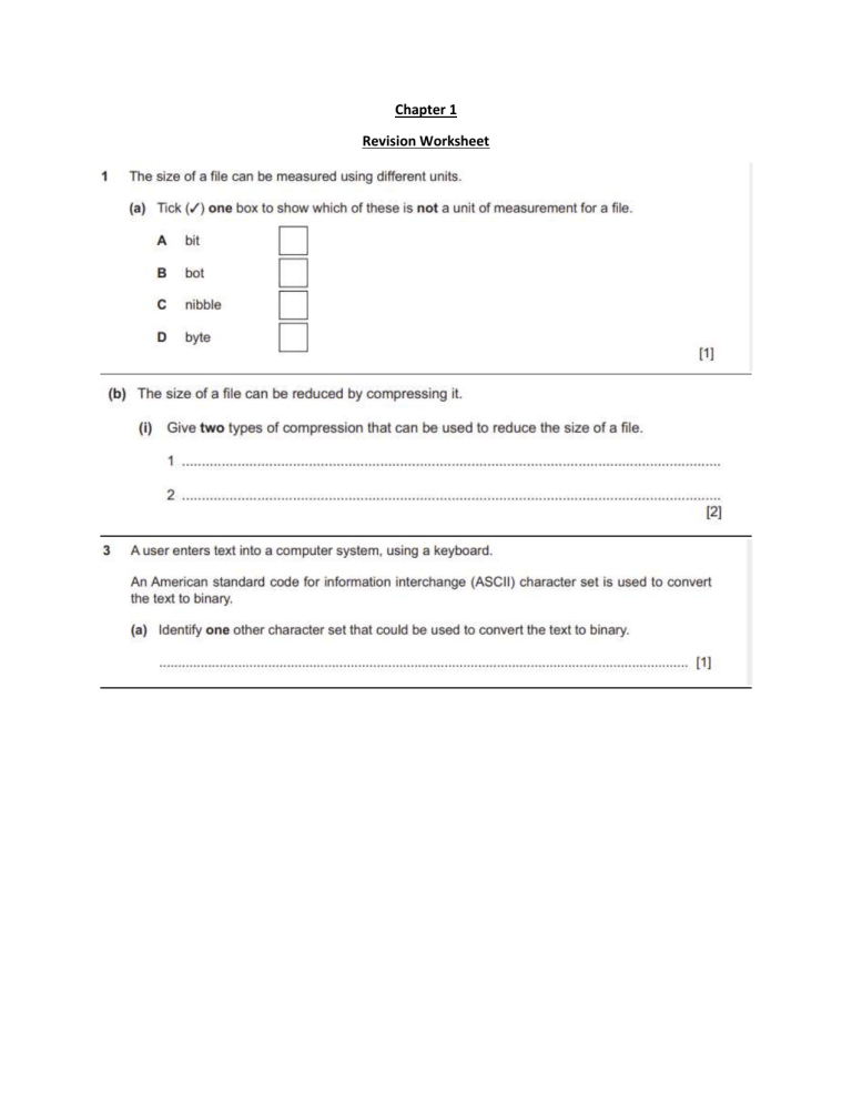 Computer Science Revision Worksheet: File Size, Compression, ASCII