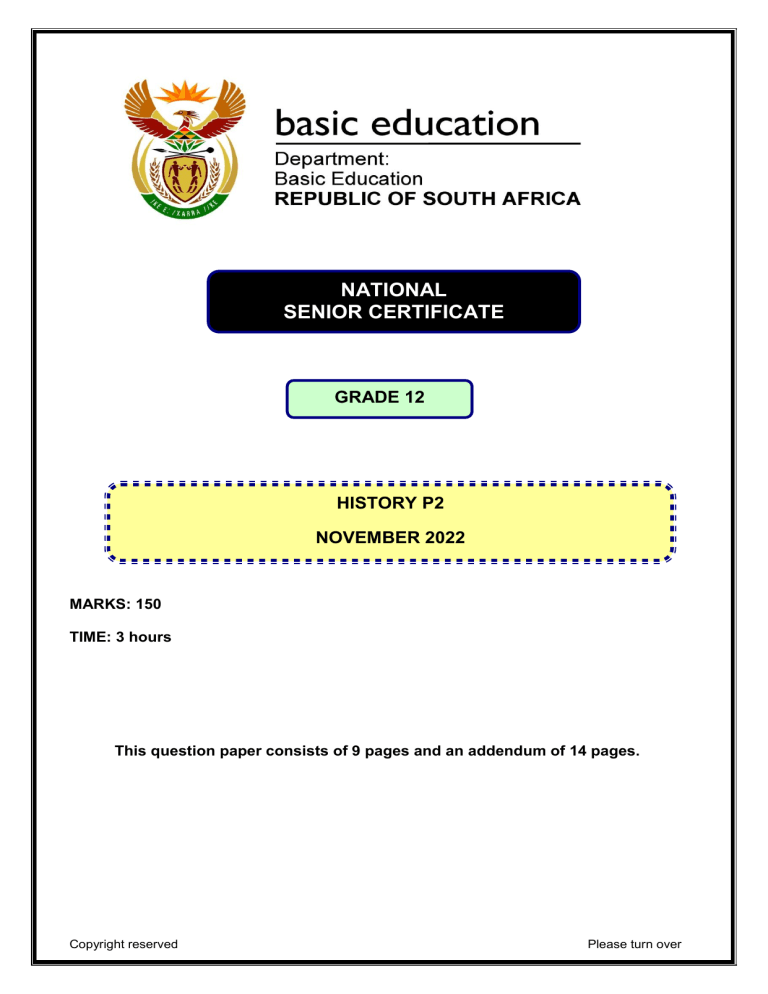 Grade 12 History P2 Exam Paper - November 2022