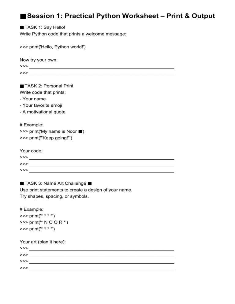 Python Print & Output Worksheet | Session 1 Practical Exercises