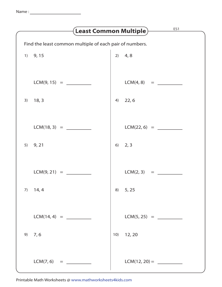 Least Common Multiple Worksheet ES1 | Math Practice Problems