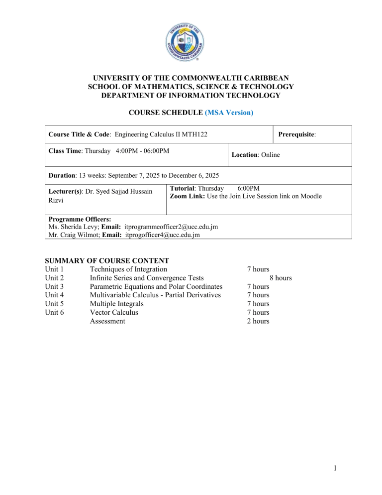 Engineering Calculus II Course Schedule - UCC