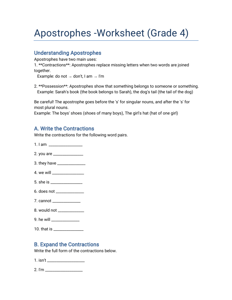 Apostrophes Worksheet (Grade 4) - Contractions & Possession