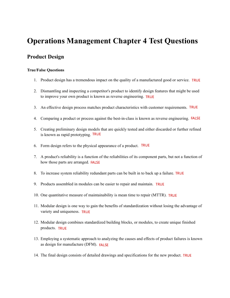 Operations Management: Product Design Test Questions