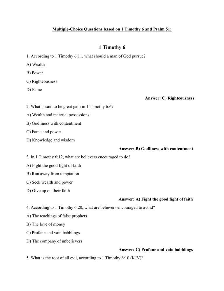 1 Timothy 6 & Psalm 51 Quiz: Bible Study Questions & Answers
