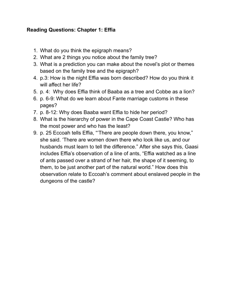 Effia: Reading Questions - Chapter 1 Analysis