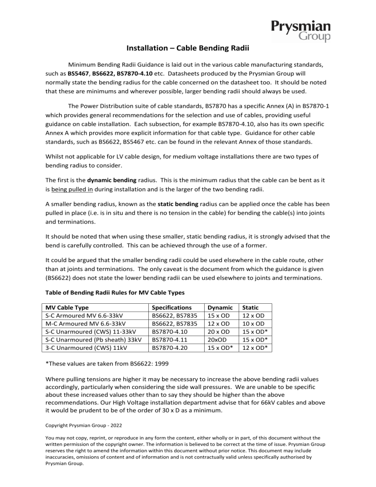 Prysmian Cable Bending Radii Guide: MV & LV Installation Standards
