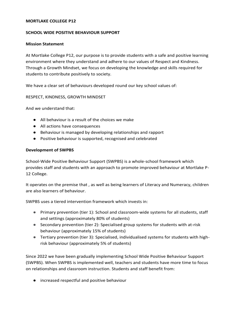 Mortlake College P12: School Wide Positive Behaviour Support
