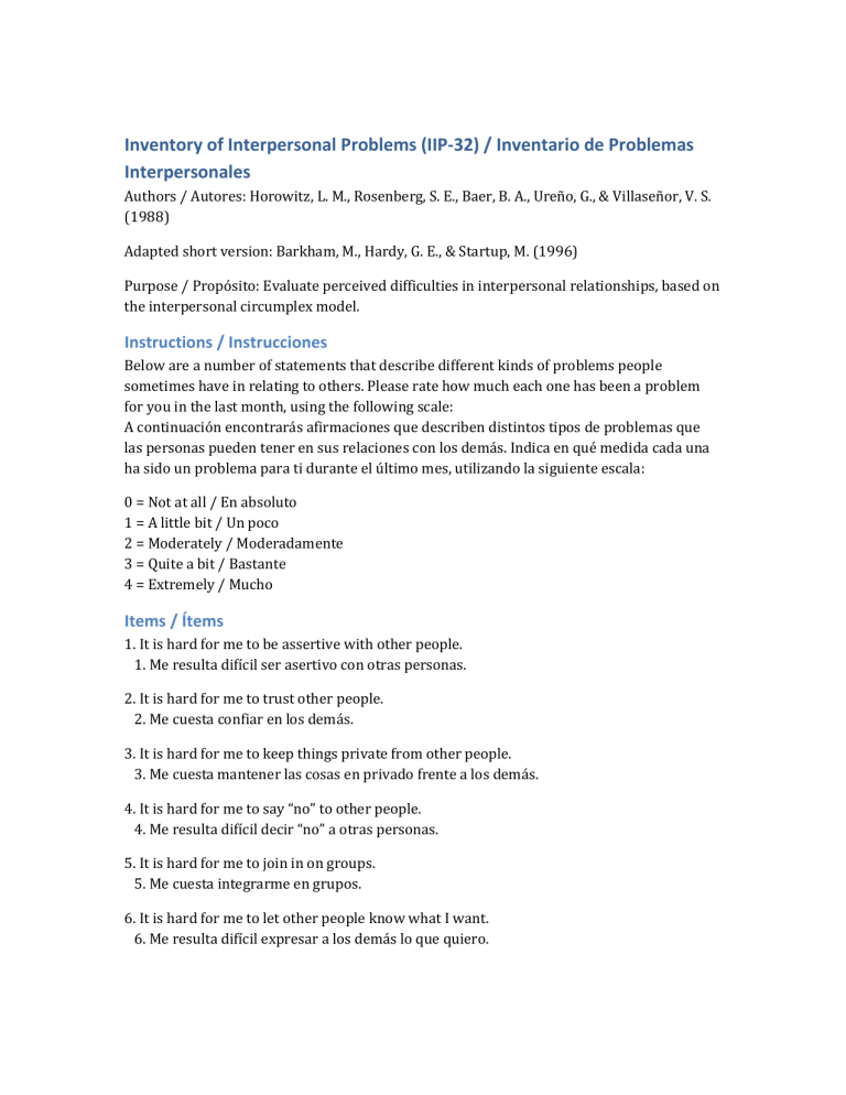 IIP-32: Inventory of Interpersonal Problems & Assessment Tool